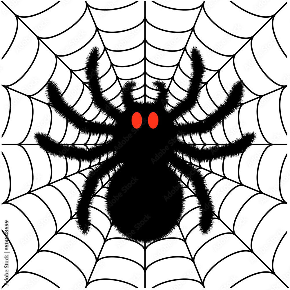Black big scary spider sitting center of web. Spooky Halloween ...