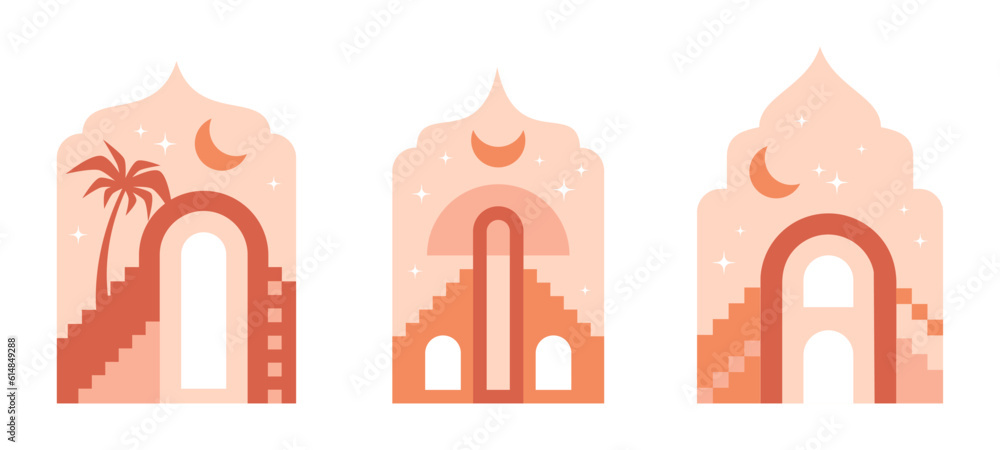 Islamic windows. Oriental muslim frames with mosque, palm trees and ...
