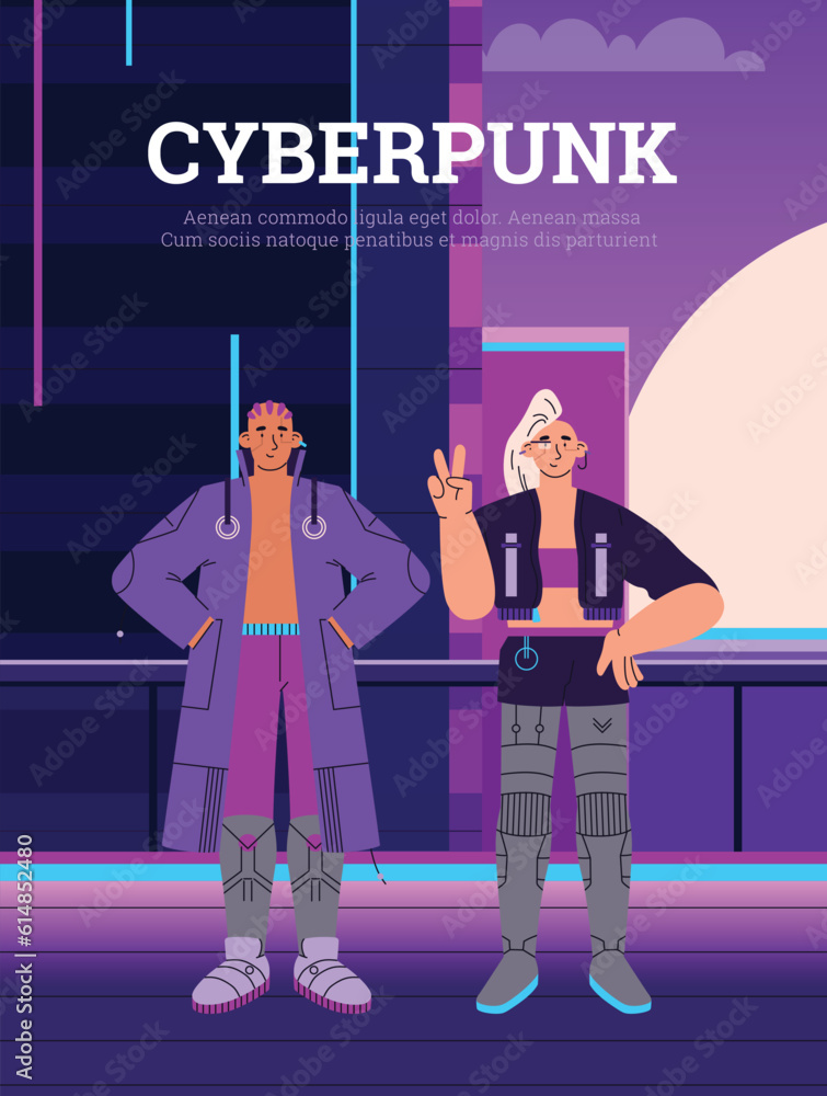 Cartoon vector futuristic cyberpunk men with schemes on the body and ...