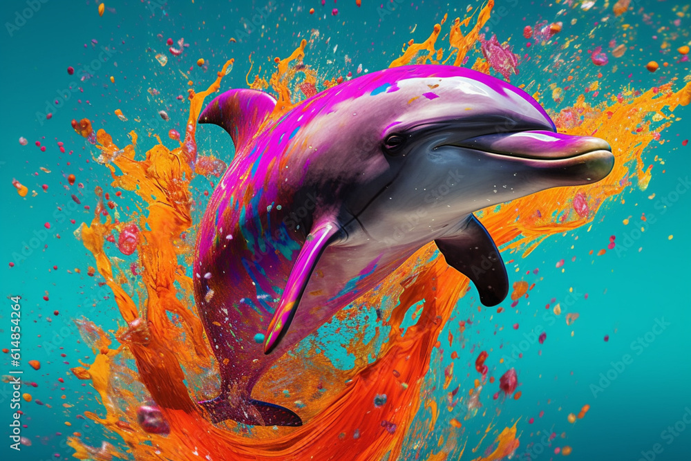 An vibrant photograph of a Dolphin splashed in bright paint ...