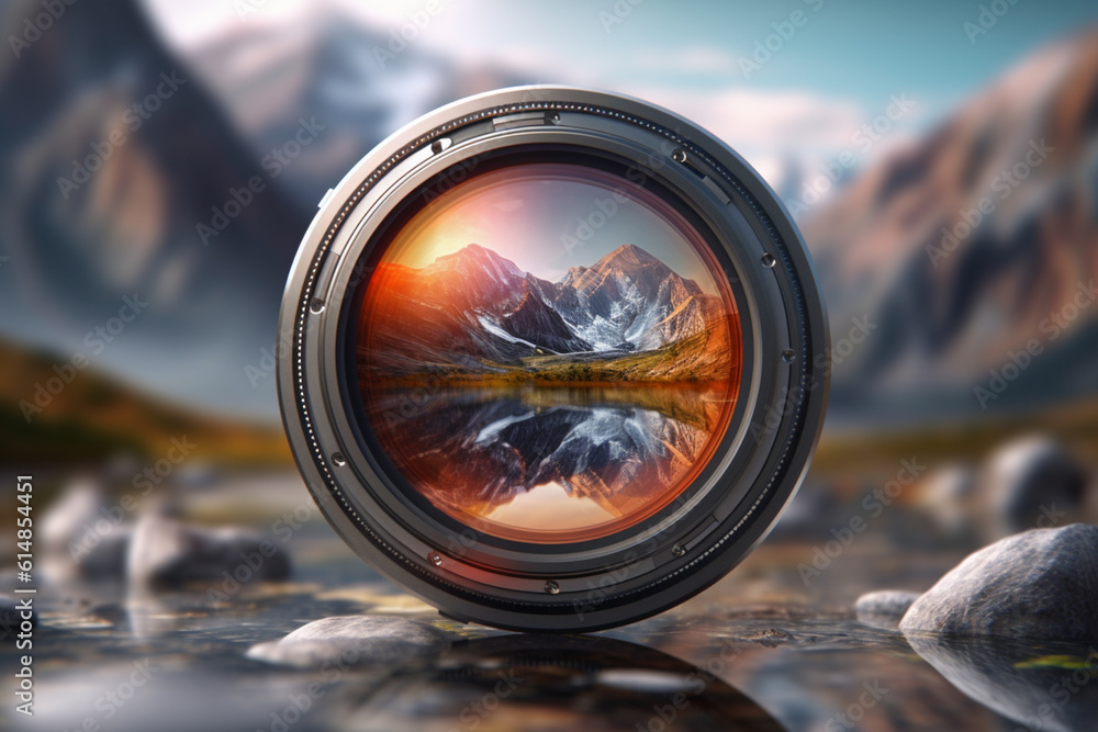 A reflective photograph of a camera lens capturing the surrounding ...