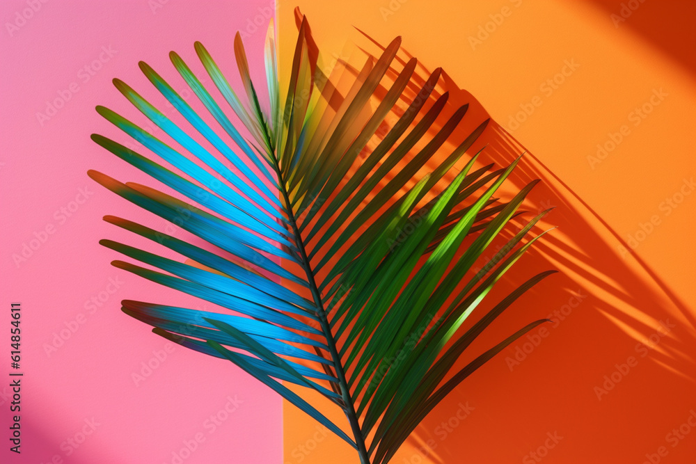 A digital composition of abstract palm shadows cast on a colorful ...