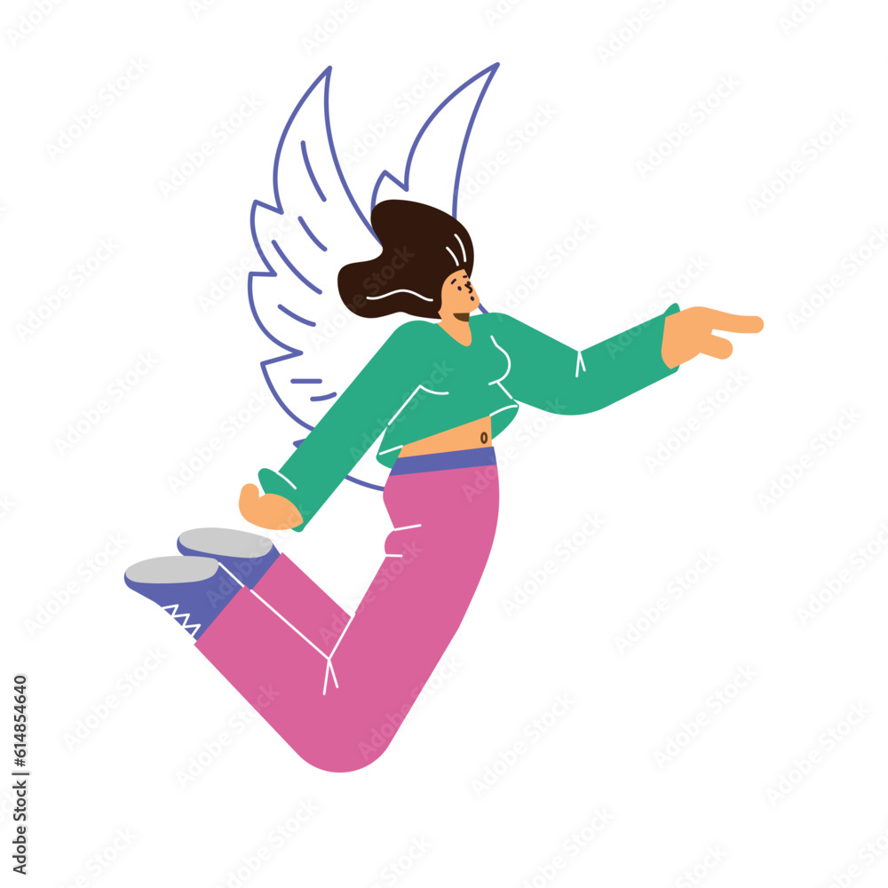 Vector isolated disproportionate character of woman flies in the air ...