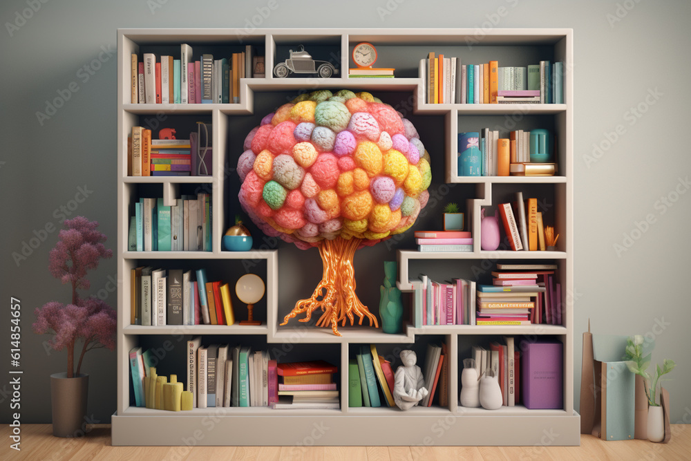 An illustration of a bookshelf with books arranged in the shape of a ...