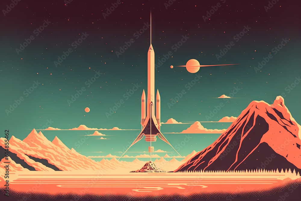 Retrofuturistic landscape in 80s sci-fi style. Retro science fiction ...