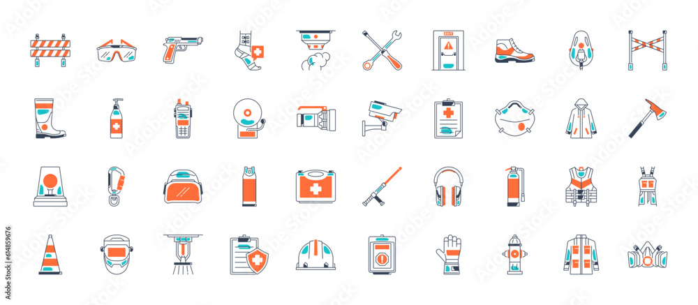 Job protection and safety in the workplace, icon set. work area safety ...