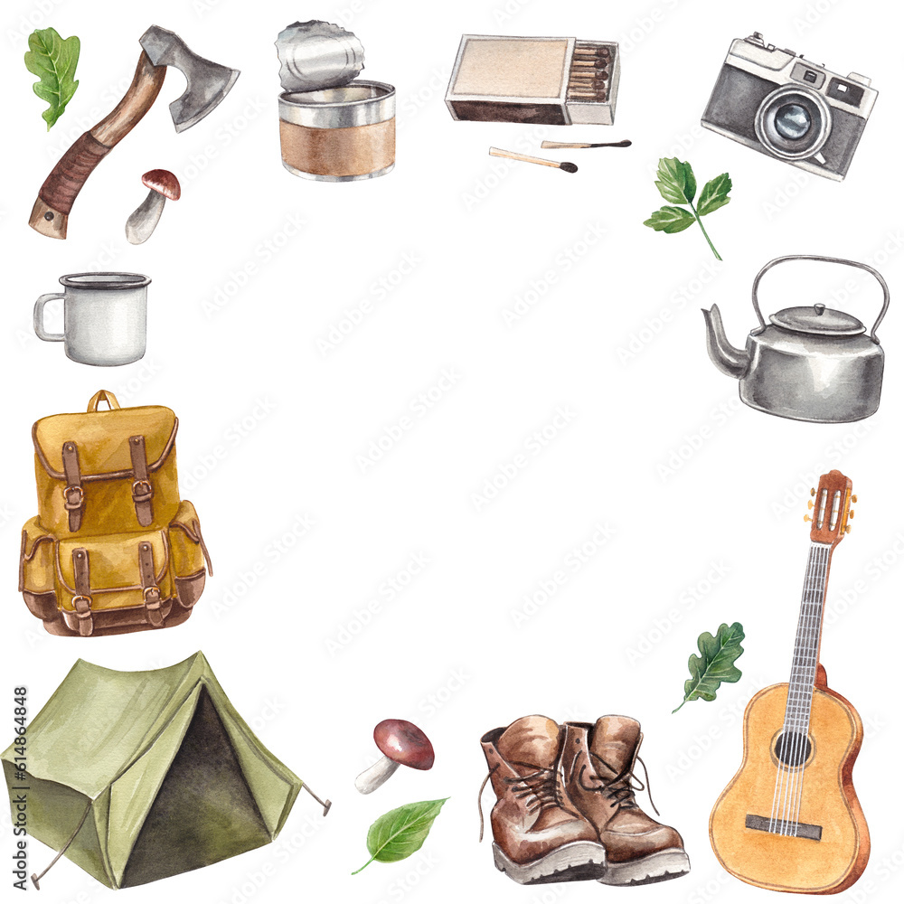 Frame on the theme of travel and camping. Watercolor hand drawn ...
