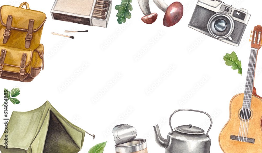 Frame on the theme of travel and camping. Watercolor hand drawn ...
