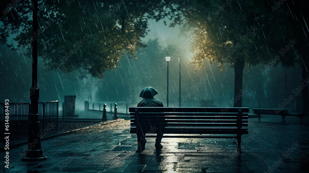 An image of depression showing a man sitting on an abandoned bench in a ...