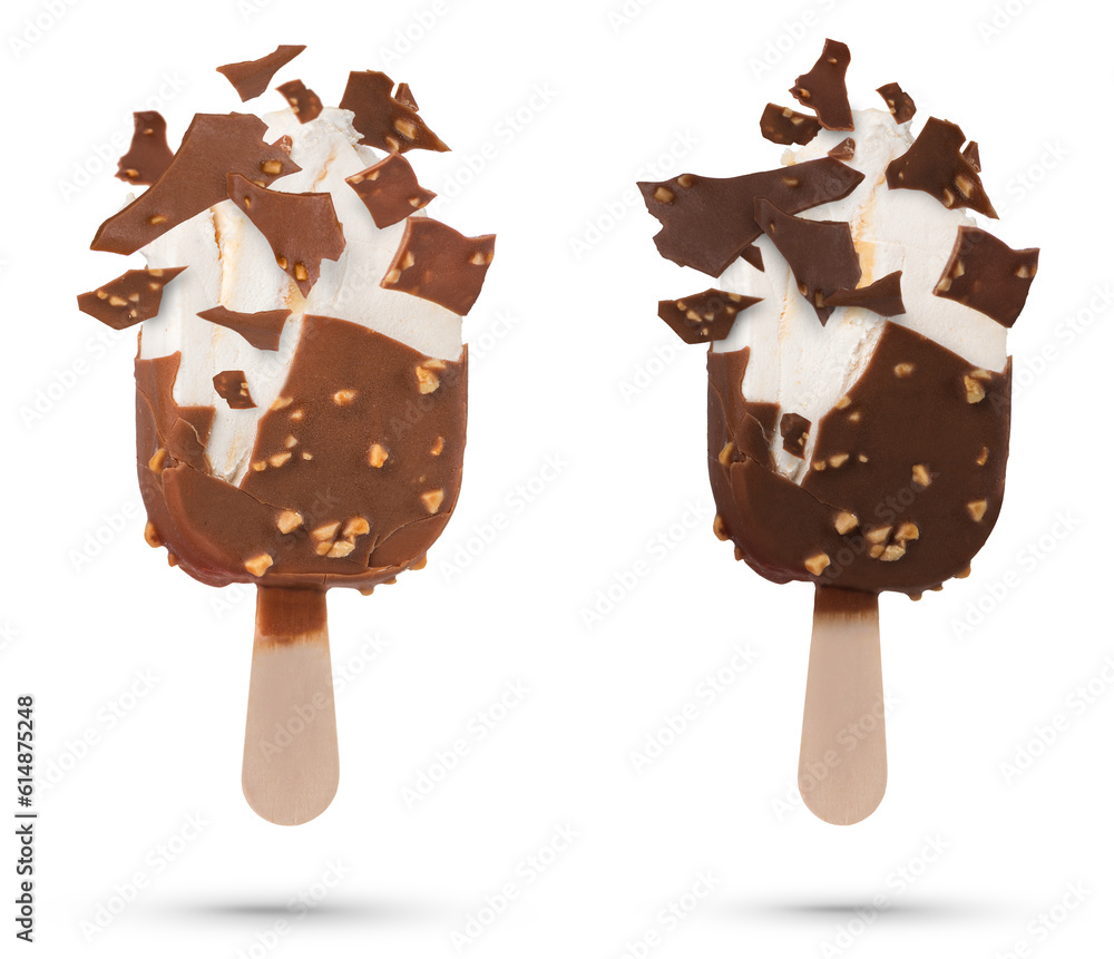 Chocolate ice cream isolate on a stick flying pieces of chocolate icing ...