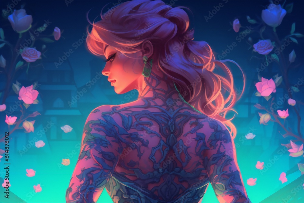 Woman with a tattoo, fantasy art, body covers with neon flowers ...