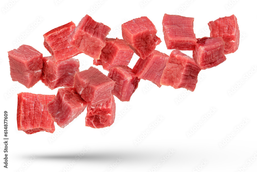 Foto de Pieces of raw beef. Set of fresh beef cubes isolated on white ...
