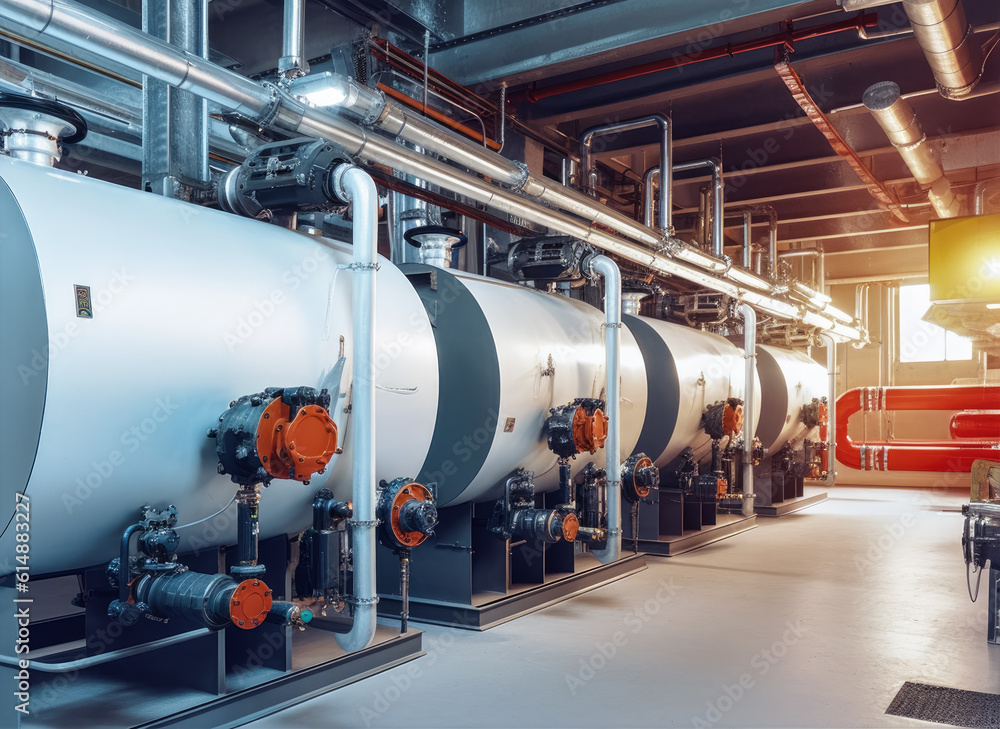 Interior of modern industrial boiler room - large metal tanks and pipes ...