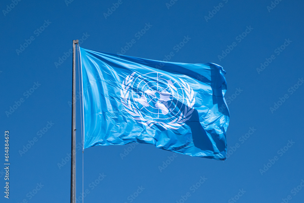Rome, Italy - June 17, 2023 - ONU, United Nations flag waving in the ...