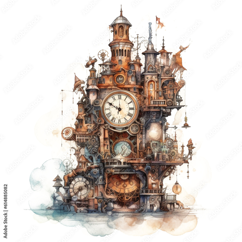 watercolor steampunk fantasy clock tower isolated on a white background ...