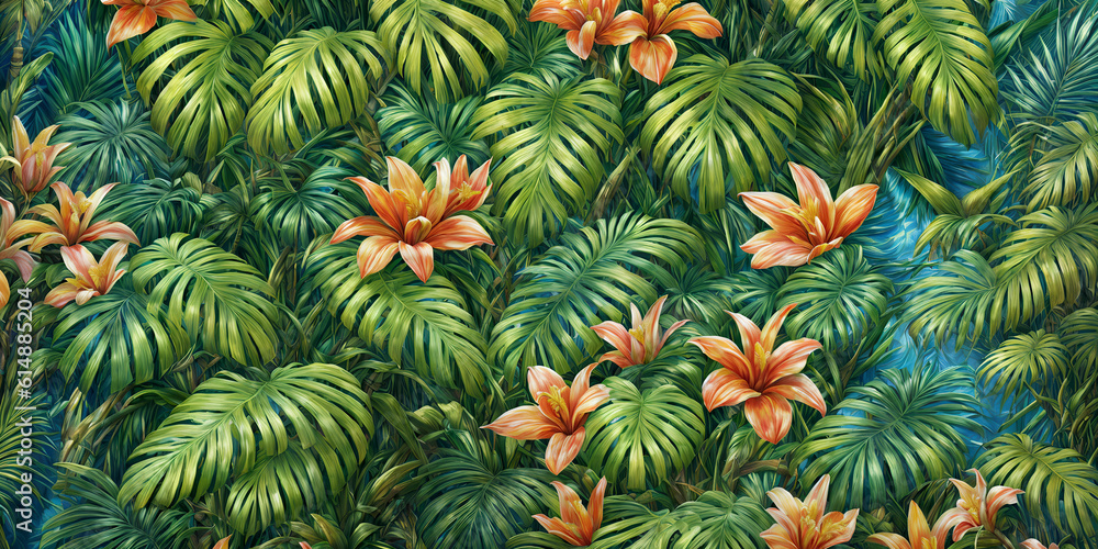 Colorful background of many painted exotic tropical flowers of ...