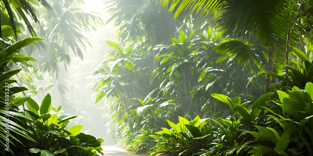 Beautiful wallpaper with a tropical landscape. Jungle with palms, trees ...