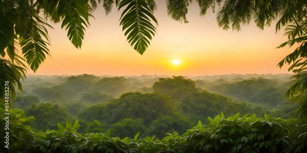 Wallpaper with a tropical landscape at sunset. Jungle with mountains ...