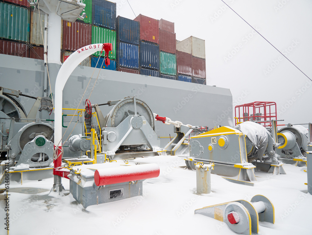 Forward part, windlass and anchor chains and winches with stored ...