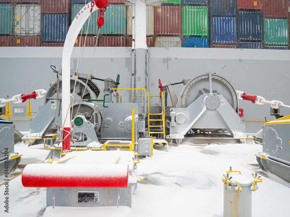 Forward part, windlass and anchor chains and winches with stored ...