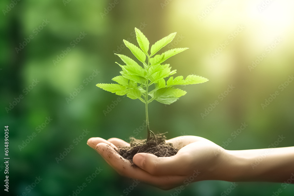 Hand holding young plant on blur green nature background. Concept eco ...