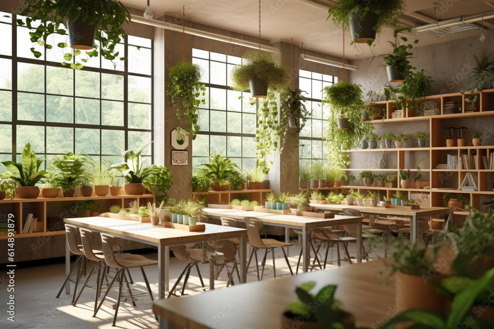 Nature-inspired school classroom with plants, natural lighting, and eco ...