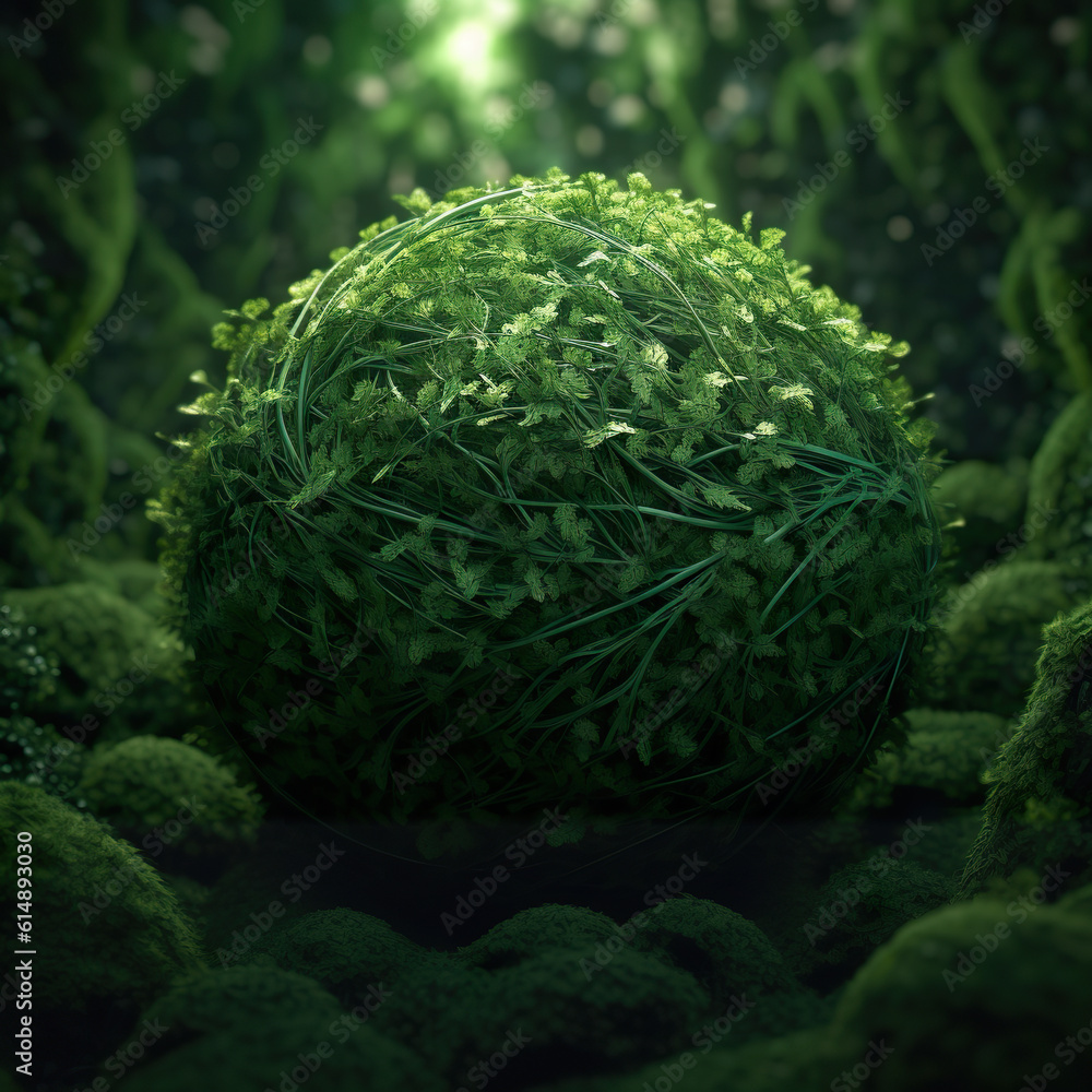 Abstract glass sphere in green color in magic style. The magical ...