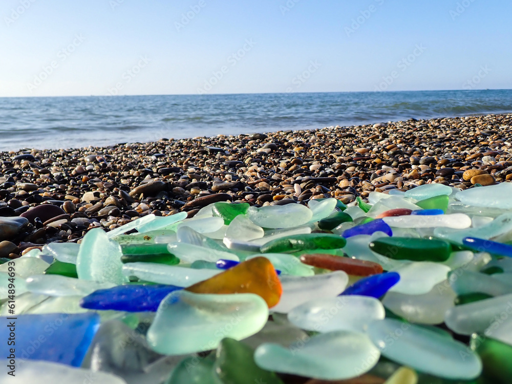 Sea glass, natural polish textured sea glass and stones on the seashore ...