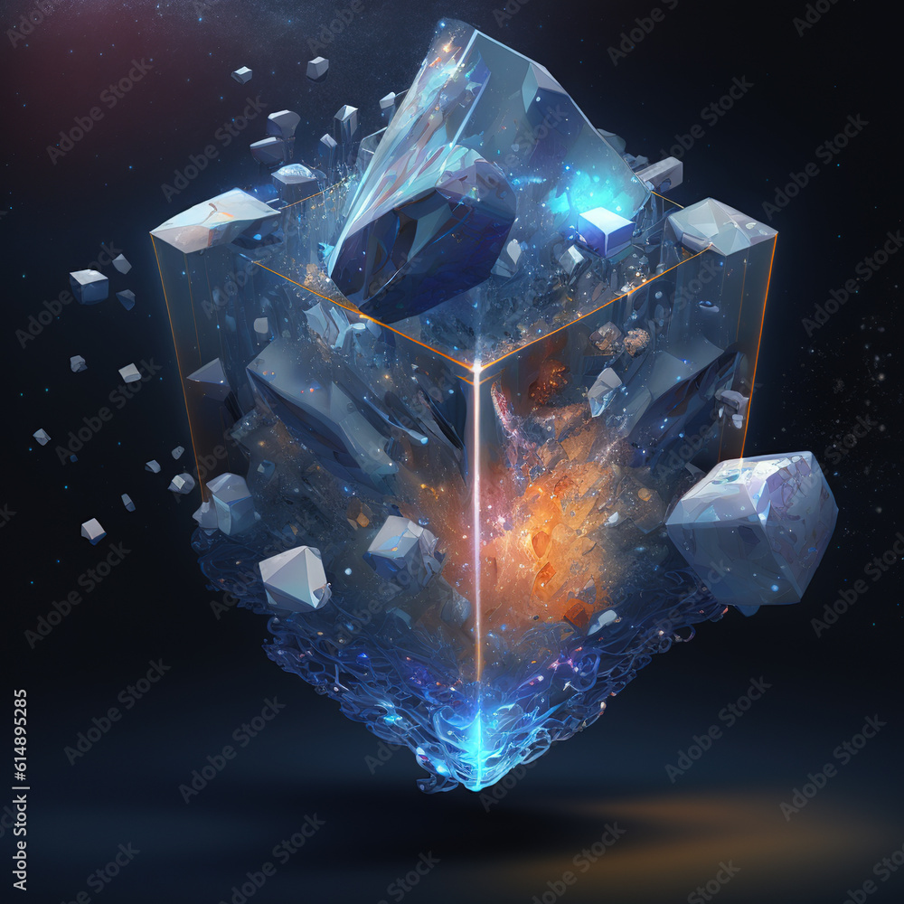 Modern digital abstract art of glassy geometric transparent cubic shape ...