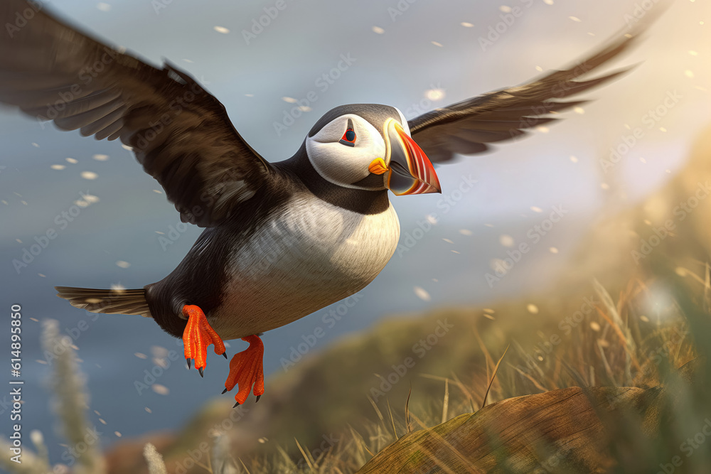 A puffin bird skillfully flies with a fish gripped in its beak ...