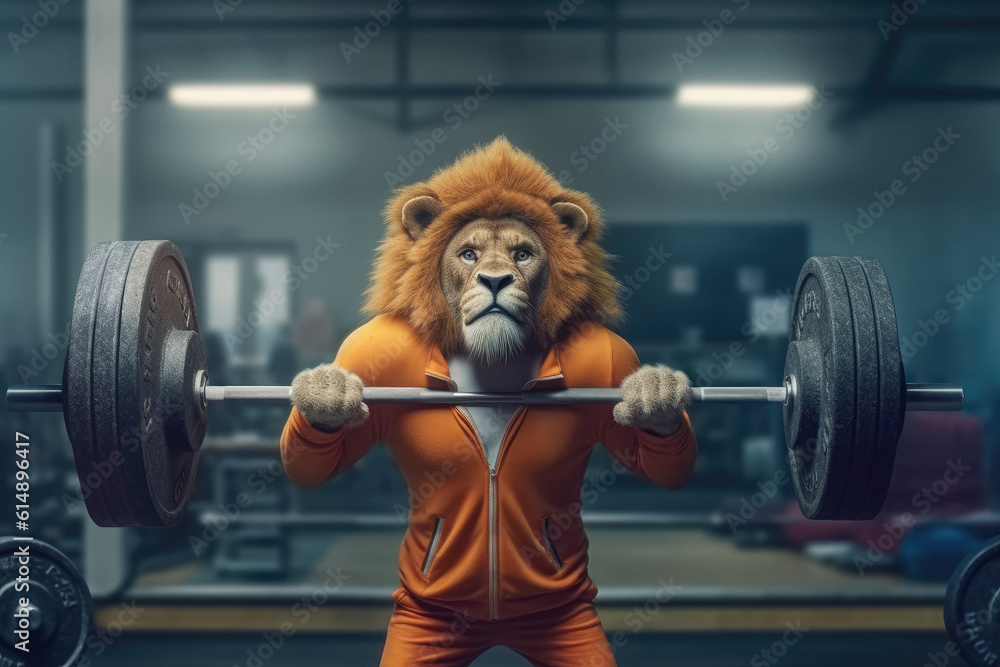 A humanoid lion lifting weights at the gym. The photo features dramatic ...