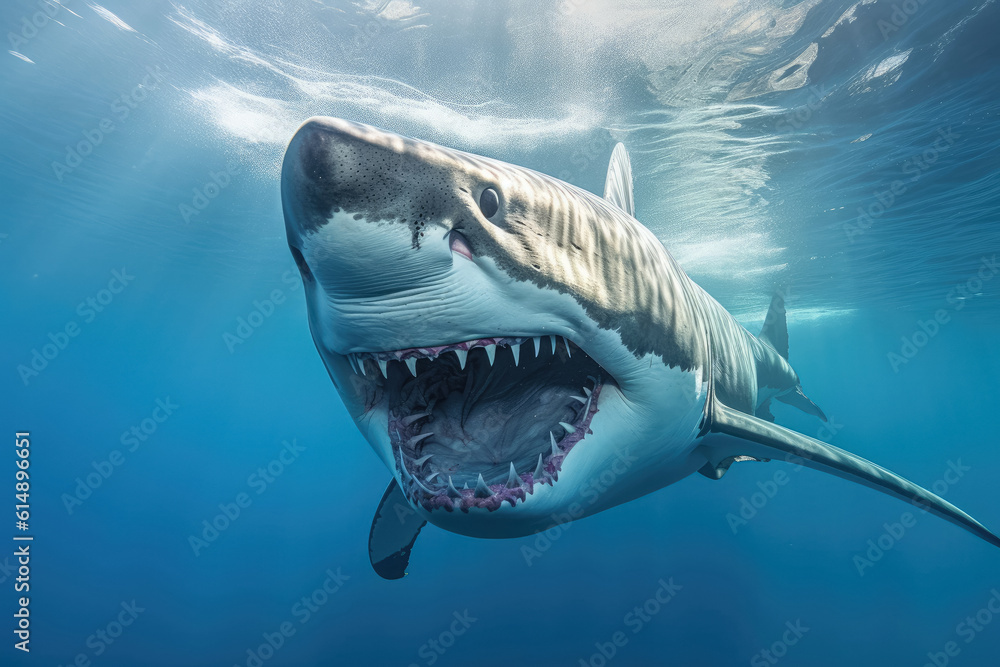 A magnificent great white shark, an apex predator of the ocean ...