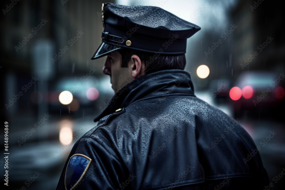 Traffic police officer standing at a city street intersection with ...