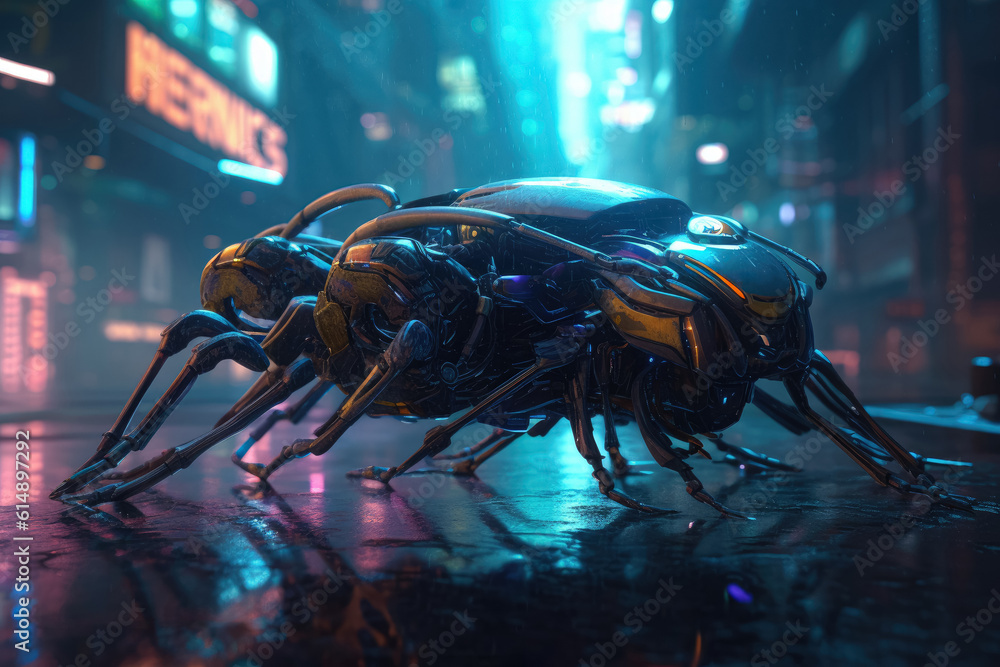 Towering insect-like robot against the backdrop of a cyberpunk city ...