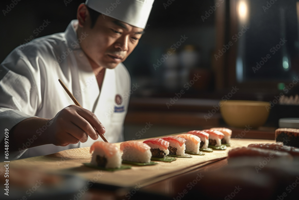 A Japanese chef expertly prepares fresh sushi using traditional ...