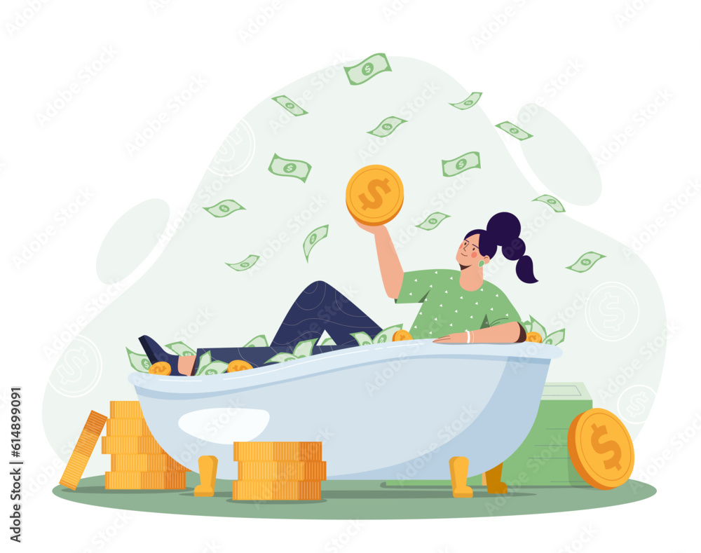Money bath concept. Woman lies with gold coin in hand. financial ...