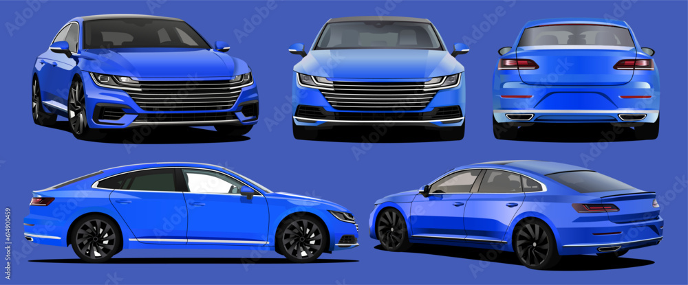 Realistic Vector Car Sedan Isolated blue color and 3d perspective with ...