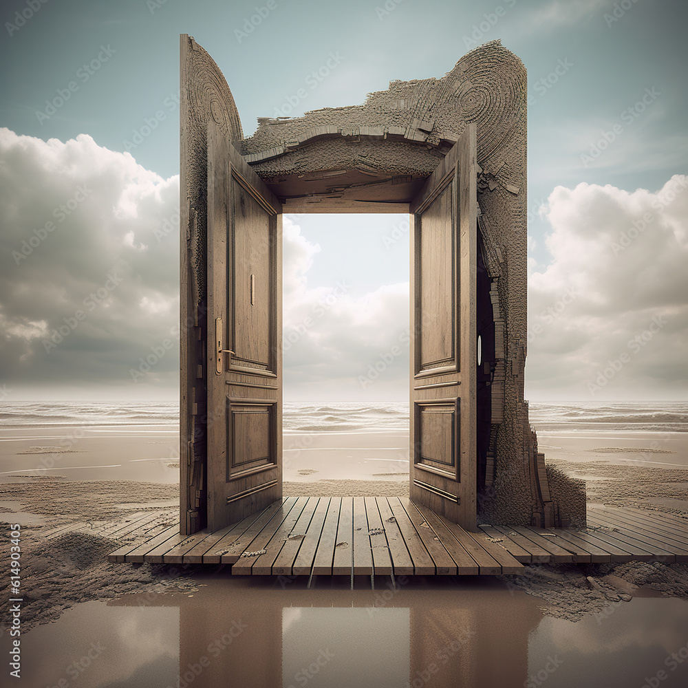 Surreal image of a dream inside a dream with open door to another ...