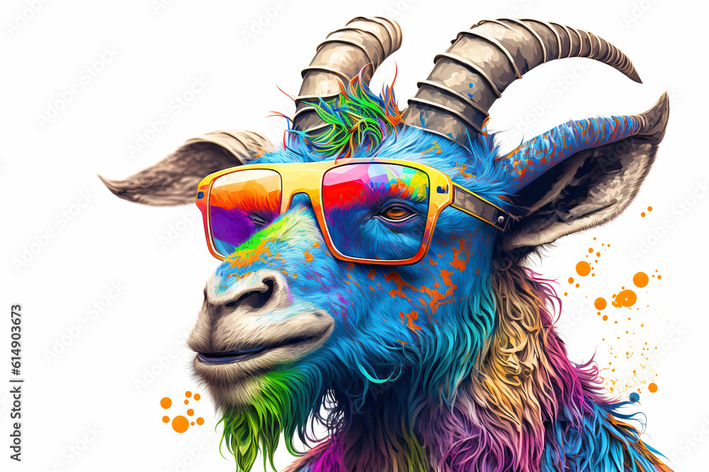 Cartoon colorful goat with sunglasses on white background. Created with ...