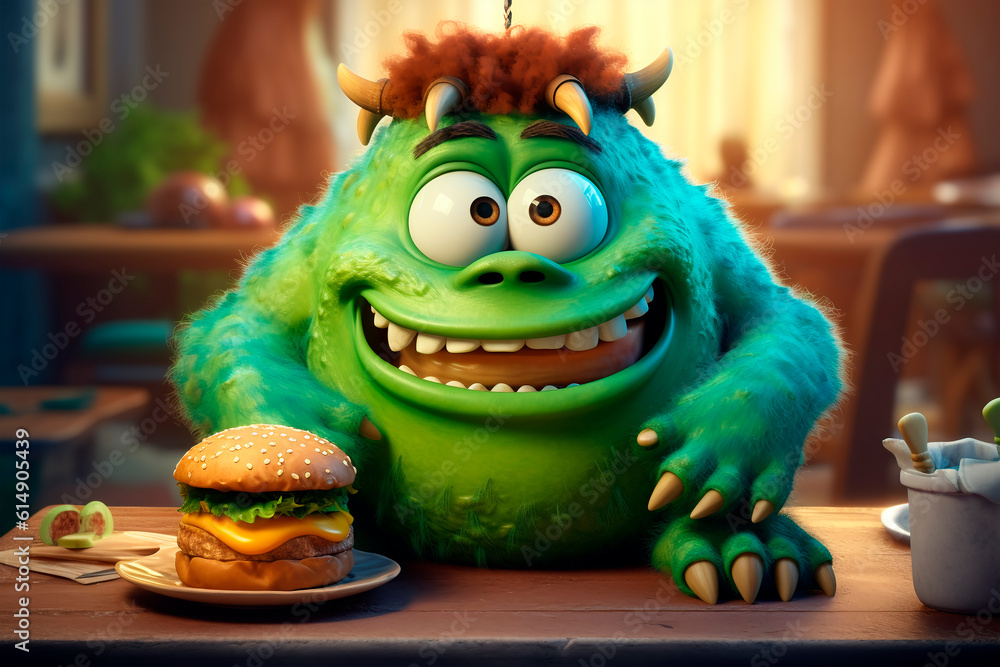 Funny hamburger lover. Gluttony. Cartoon with junk food concept. Cute ...