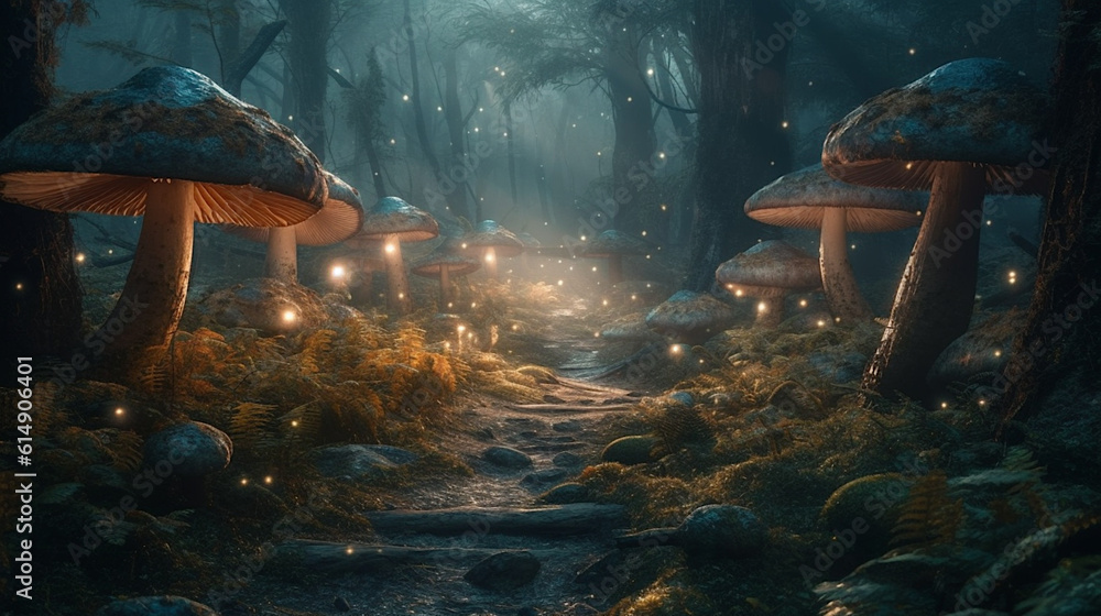 Mushroom forest. Huge mushrooms growing in the forest, mysterious ...