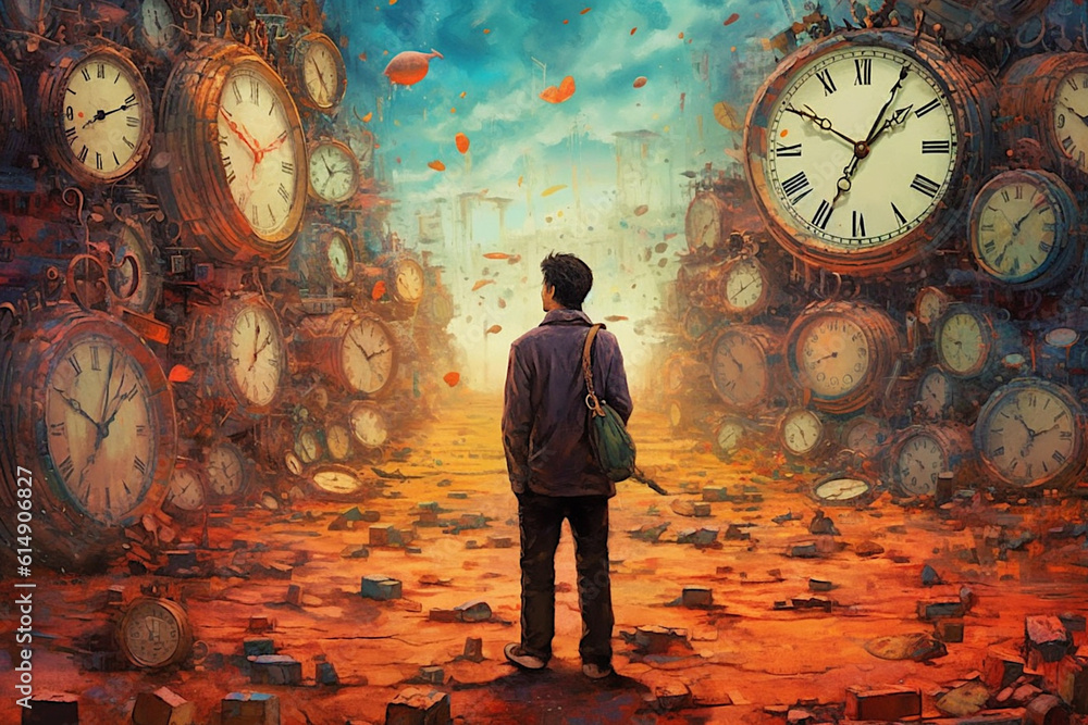 In the clock world. Man silhouette surrounded by clocks. The concept of ...