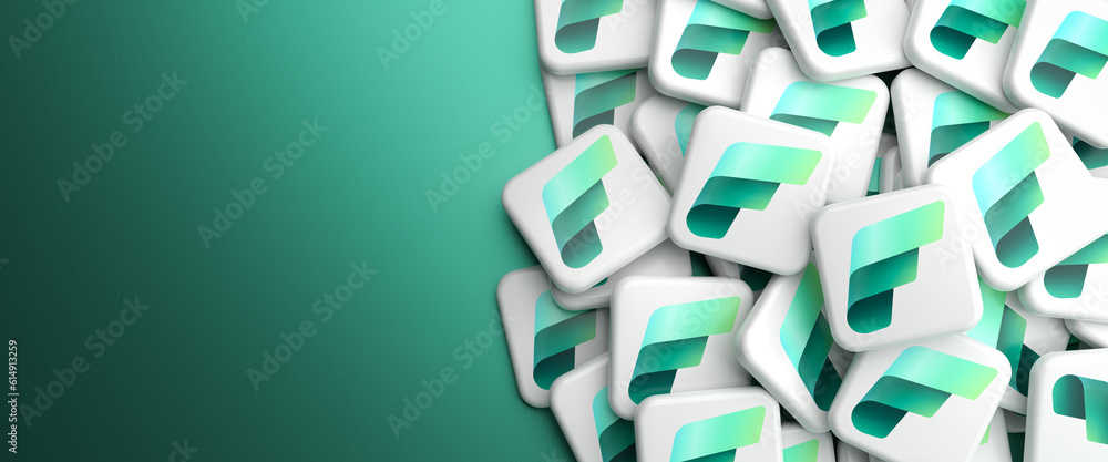 Logos of the data analytics platform Microsoft Fabric on a heap on a table. Copy space - web ...