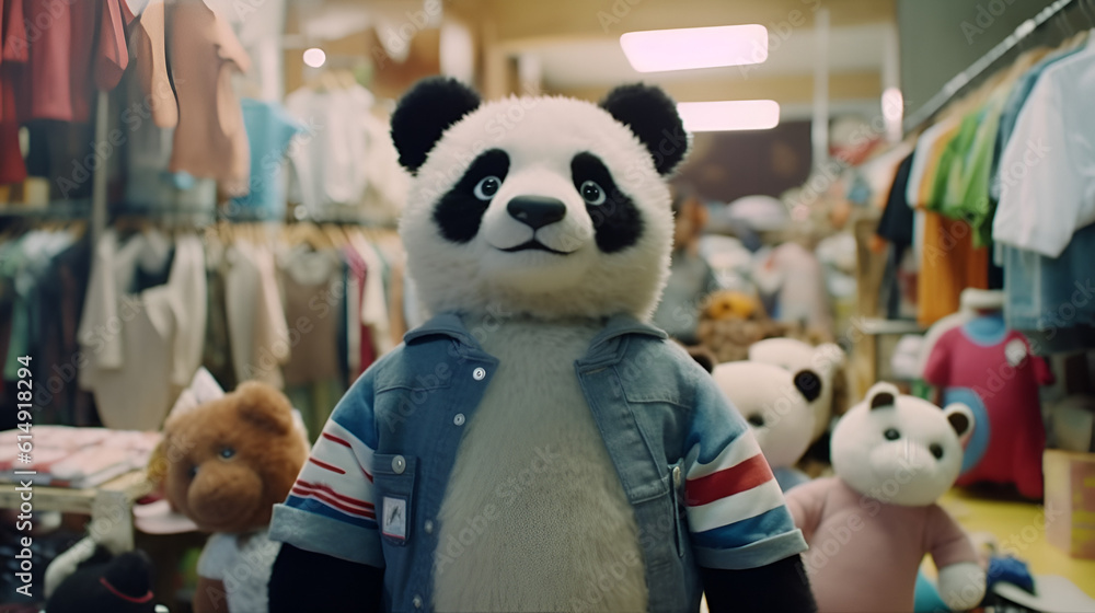cute panda in t shirt and clothes selling on flea market Stock Photo ...
