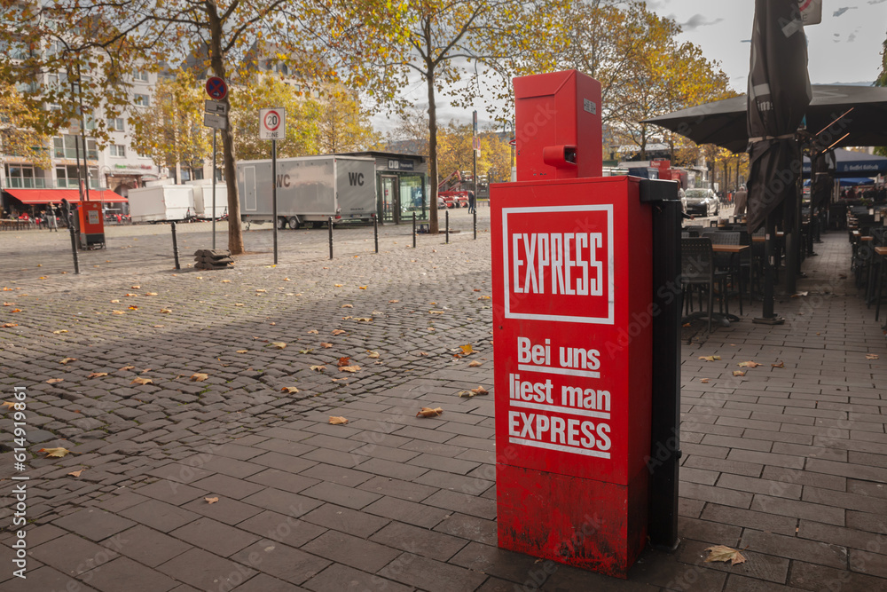 COLOGNE, GERMANY - NOVEMBER 6, 2022: Express Zeitung logo on a vending ...
