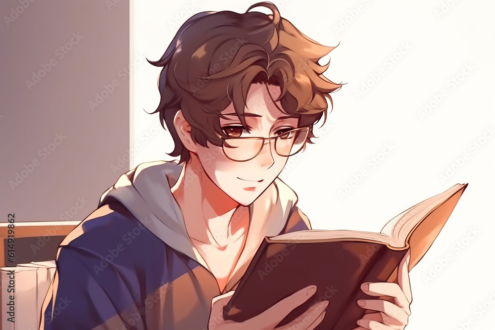 Cute anime guy reading book. Stock Illustration | Adobe Stock