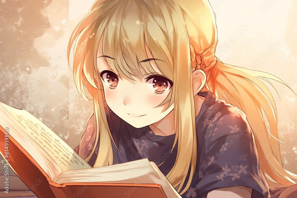 Cute anime girl reading book. Stock Illustration | Adobe Stock