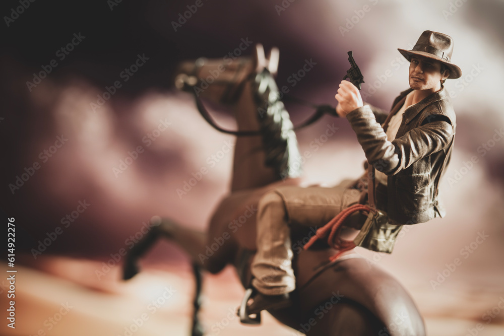 NEW YORK USA, JUNE 20 2023: scene with action archaeologist Indian ...