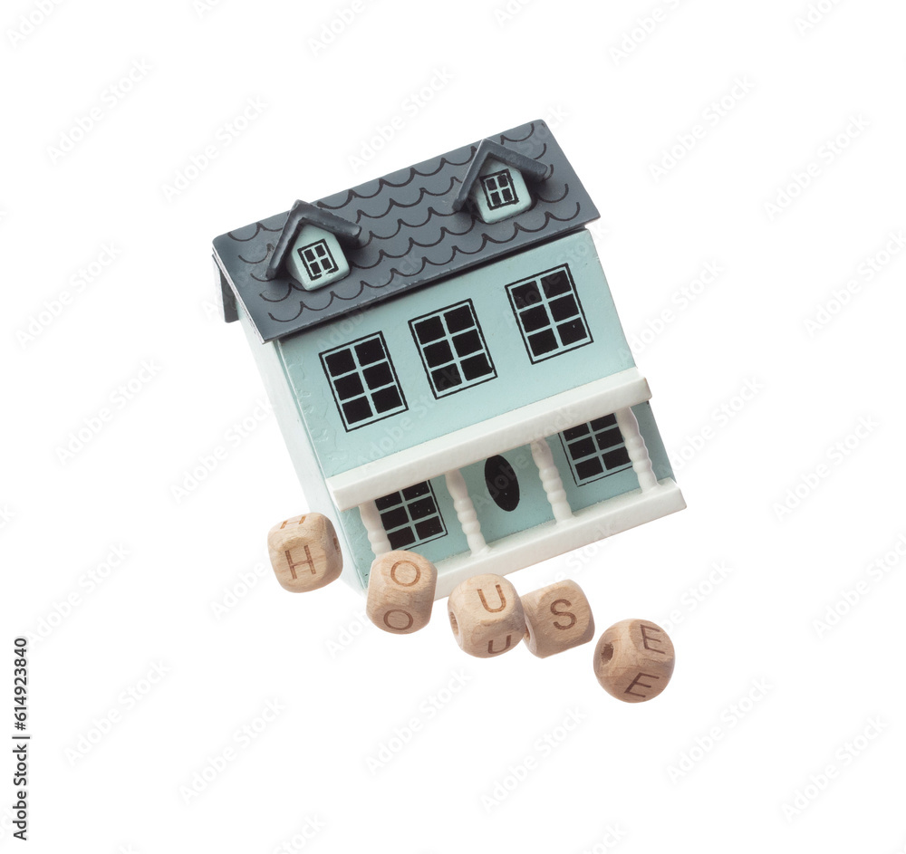 Alphabet letter wording "HOUSE" bead toy block flying over explosion ...