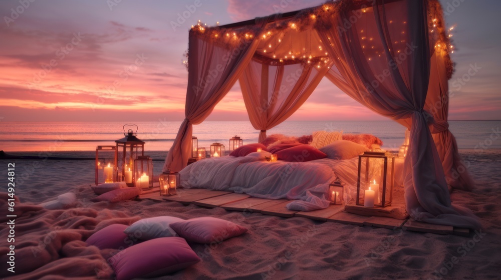 Beachfront wedding setup with romantic bed and gazebo. Stunning sunset ...